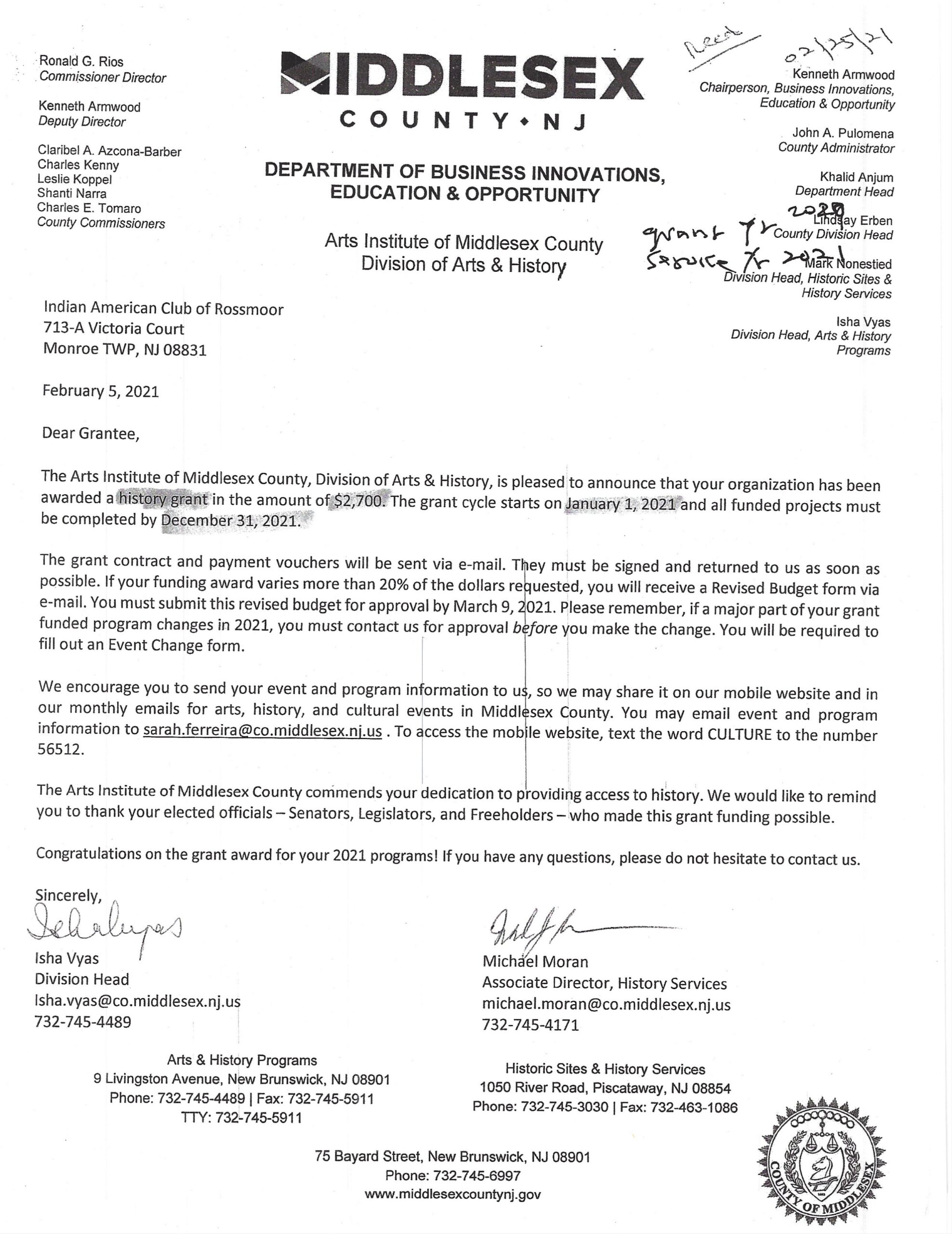 Grants from Middlesex County