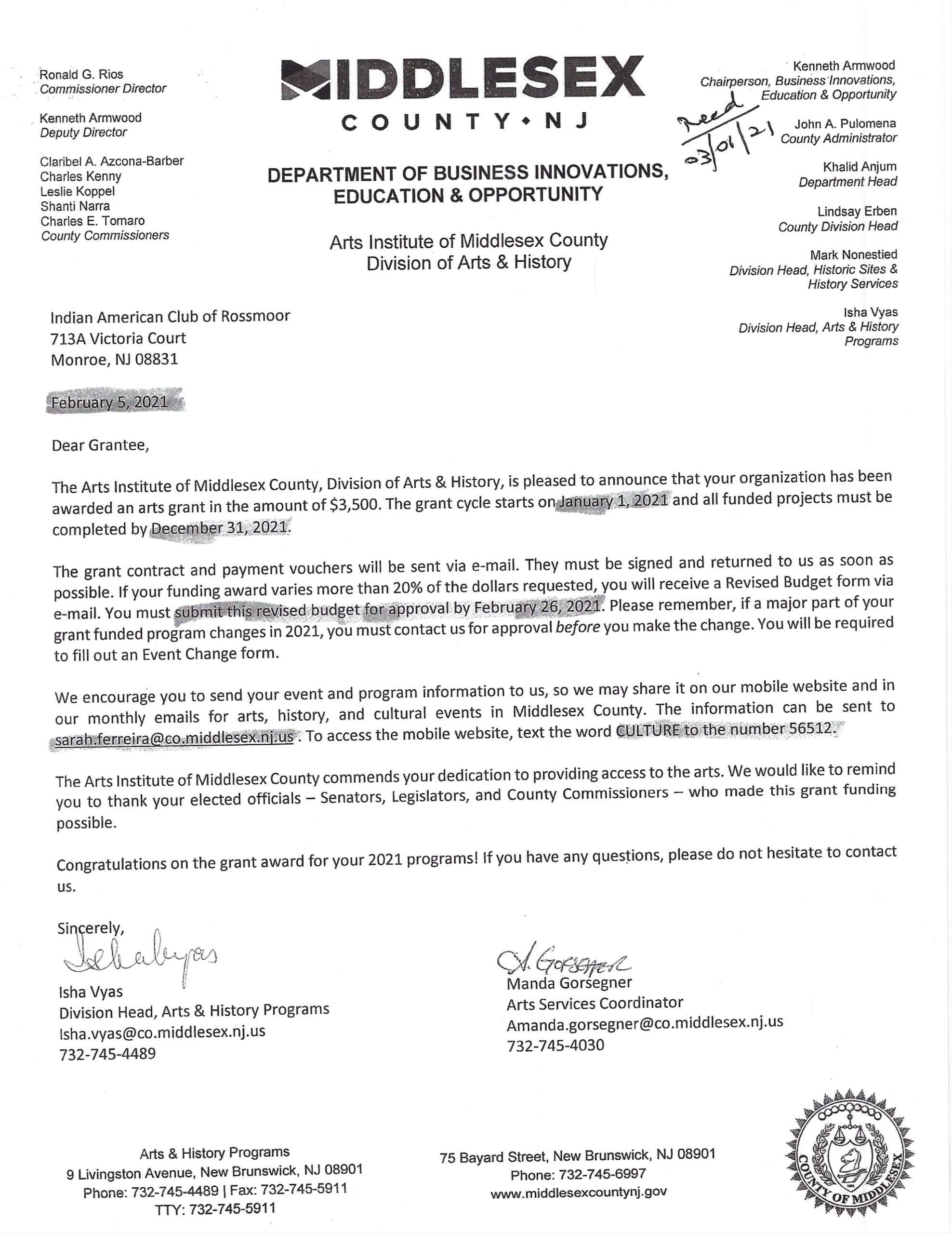 Grants from Middlesex County